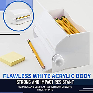 SimplyImagine Pencil Dispenser Holder - For Classroom, Home, Office Use or Teacher Gift, Durable Acrylic Rolling Knob Pencil Storage Box White