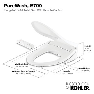 KOHLER 27142-CR-0 PureWash E700 Elongated Heated Bidet Toilet Seat with Remote Control, Bidet Warm Water, Adjustable Bidet Sprayer for Existing Toilets, White
