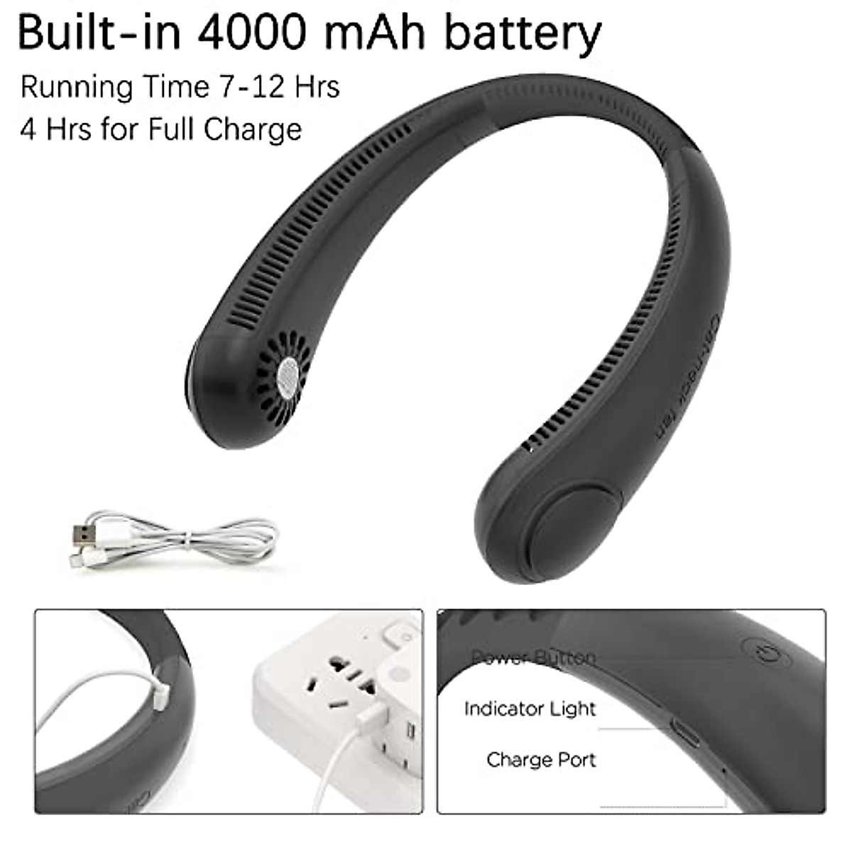 Nopligen Portable Neck Fans, Hands Free Bladeless Fan 4000 mAh Battery Operated Wearable Fan 3 Speeds Rechargeable Leafless Ultra-Quiet for Travel Outdoor (Black)