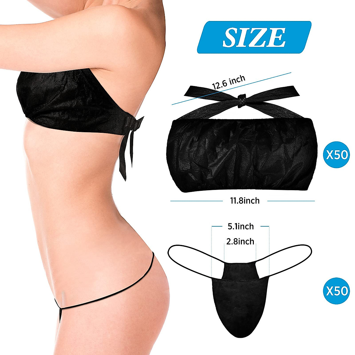 Geyoga 100 Pcs Women Disposable Underwear Set,Disposable Bras and Thong Panties for Spa,Disposable Strapless Underwear Spray (Black)