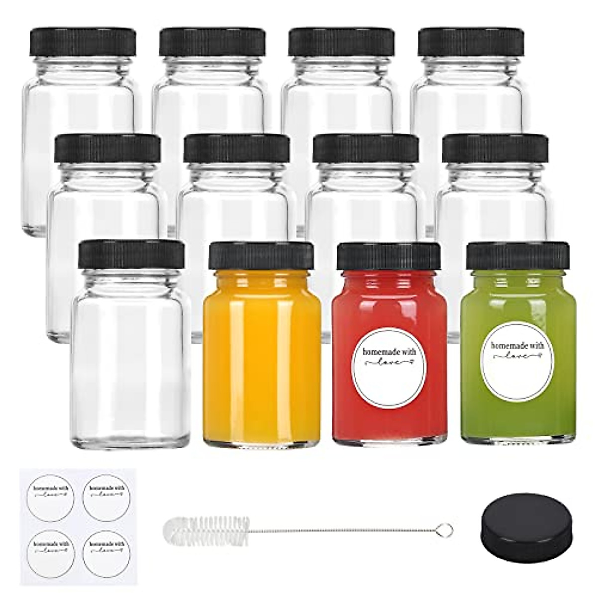 CUCUMI 12pcs 2oz Small Clear Glass Bottles with Lids for Liquids, Wide Mouth Short Jars with Caps Mini Glass Juice Bottles for Potion, Ginger Shots, Oils, with Waterproof Stickers and Brush