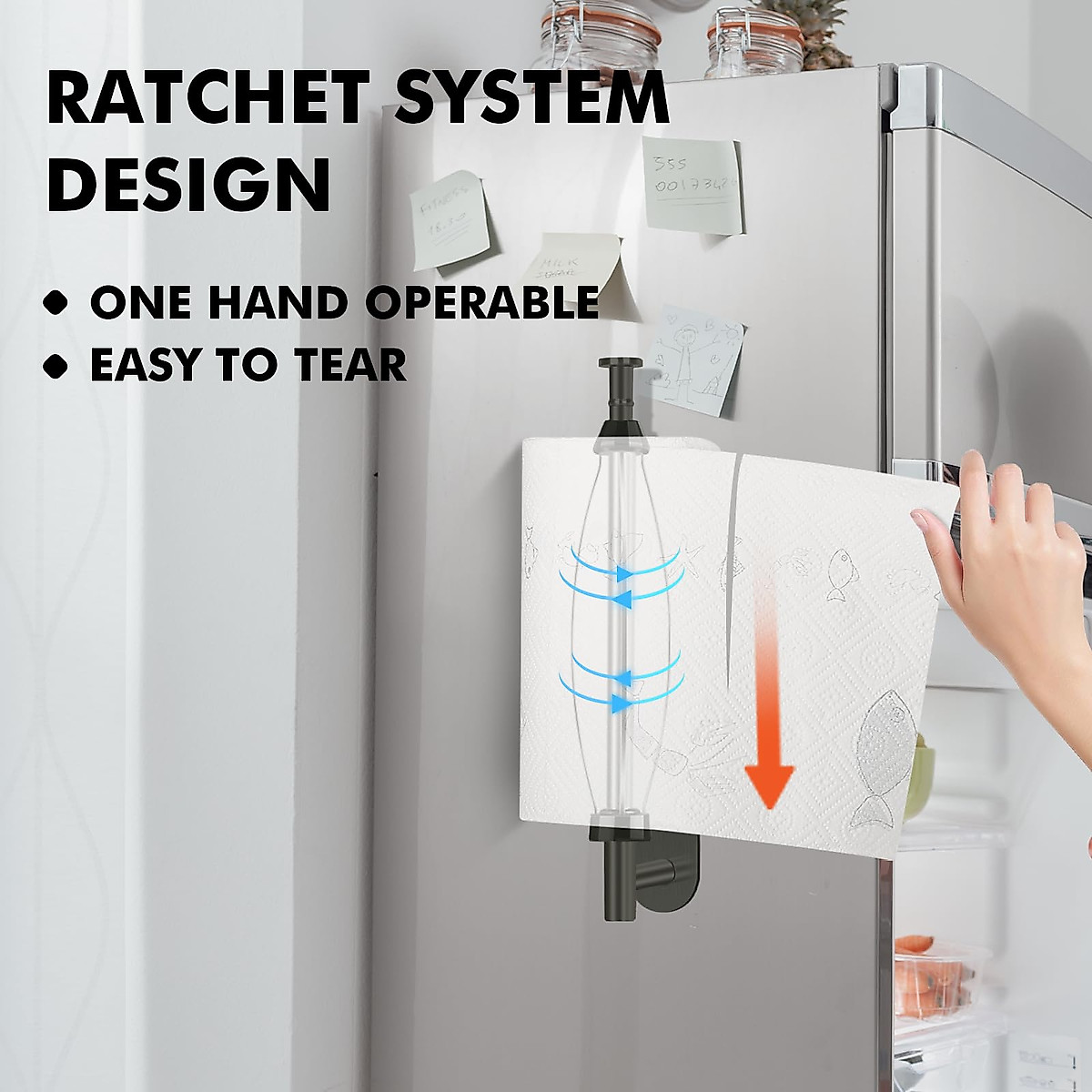 KIHOGEM Magnetic Paper Towel Holder,One Hand Operable Paper Towel Holder Wall Mount Self Adhesive and Strong Magnetic Backing for Kitchen Refrigerator Grill RV(Black)