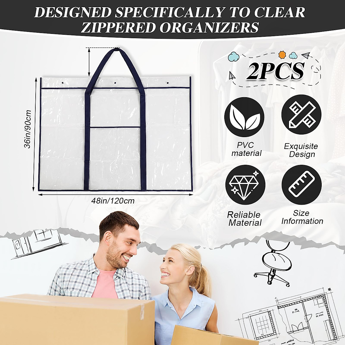 Windyun 2 Pack Large Poster Storage Bag 48" x 36" Bulletin Board Holder Art Portfolio Case PVC Art Portfolio Container Bulletin Board Storage Box with Pocket for Classroom Teacher Organization (Blue)