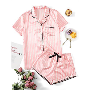 WDIRARA Women's Satin Sleepwear Short Sleeve Button Shirt and Shorts Pajama Set Silky PJ Striped Pink M