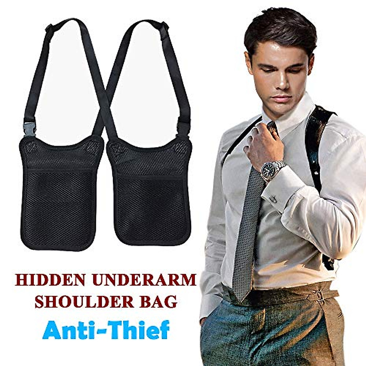 HFU Anti-Theft Hidden Underarm Strap Wallet Holster Bag Leisure Nylon Adjustable Double Shoulder Concealed Pocket Sport Outdoors (956# Black)