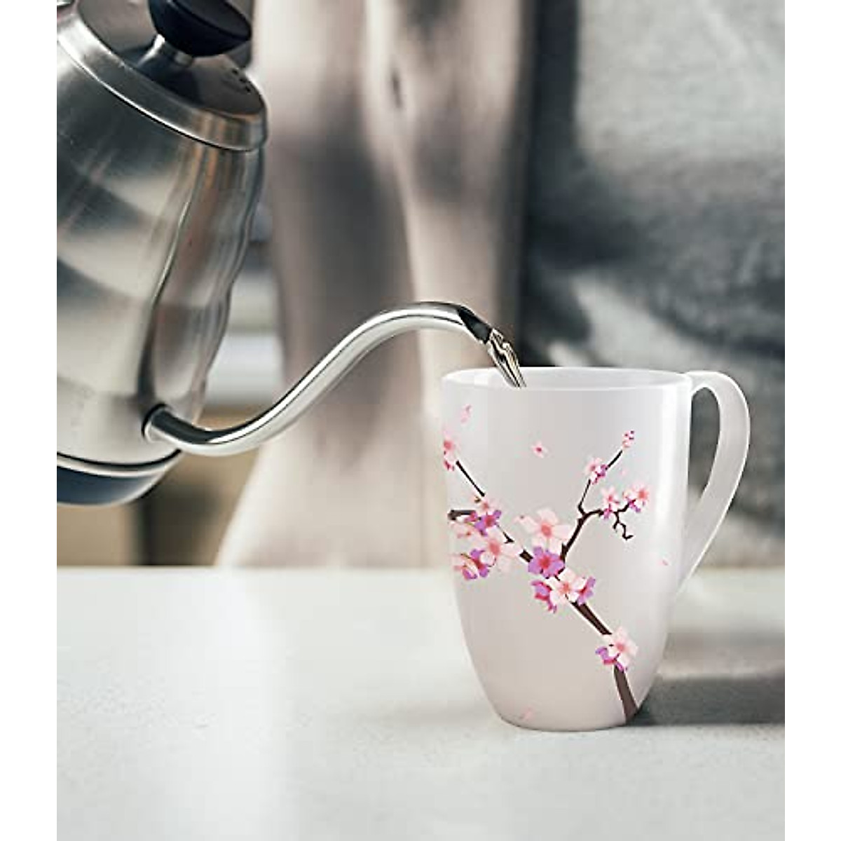 immaculife Tea Cup with Infuser and Lid for Steeping Loose Leaf Tea Bag Coffee Milk Women Office Home Gift 16oz Peach Blossoms