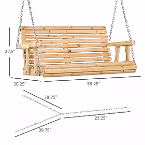 VcJta Wooden Porch Swing BENCH Folding Table - 3-Seater Outdoor Furniture Chains PU Coating Weatherproof