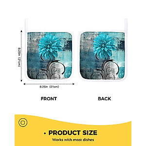 4 Pack Pot Holders for Kitchen,Blue Green Gradient Teal Turquoise Dahlia Floral Heat Proof Potholder Hot Pads Trivet,Flower Abstract Art Oil Painting Washable Coaster Potholders for Cooking Baking