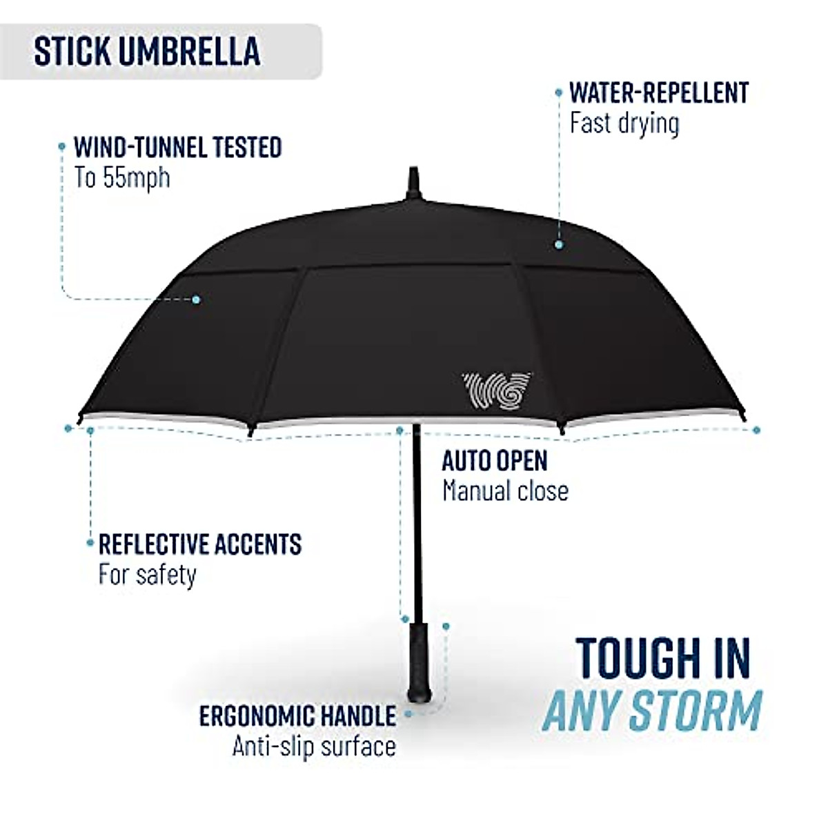 Weatherman Umbrella - Stick Umbrella - Windproof Umbrella Resists Up to 55 MPH Winds (Black)