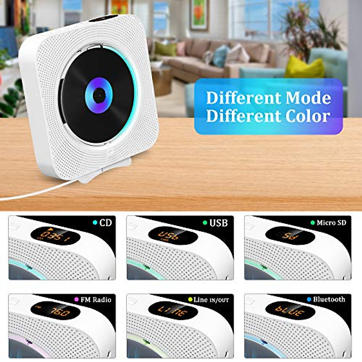 Qoosea Portable CD Player with Bluetooth Wall Mountable CD Music Player Home Audio Boombox with Remote Control FM Radio Built-in HiFi Speakers MP3 Headphone Jack AUX Input Output