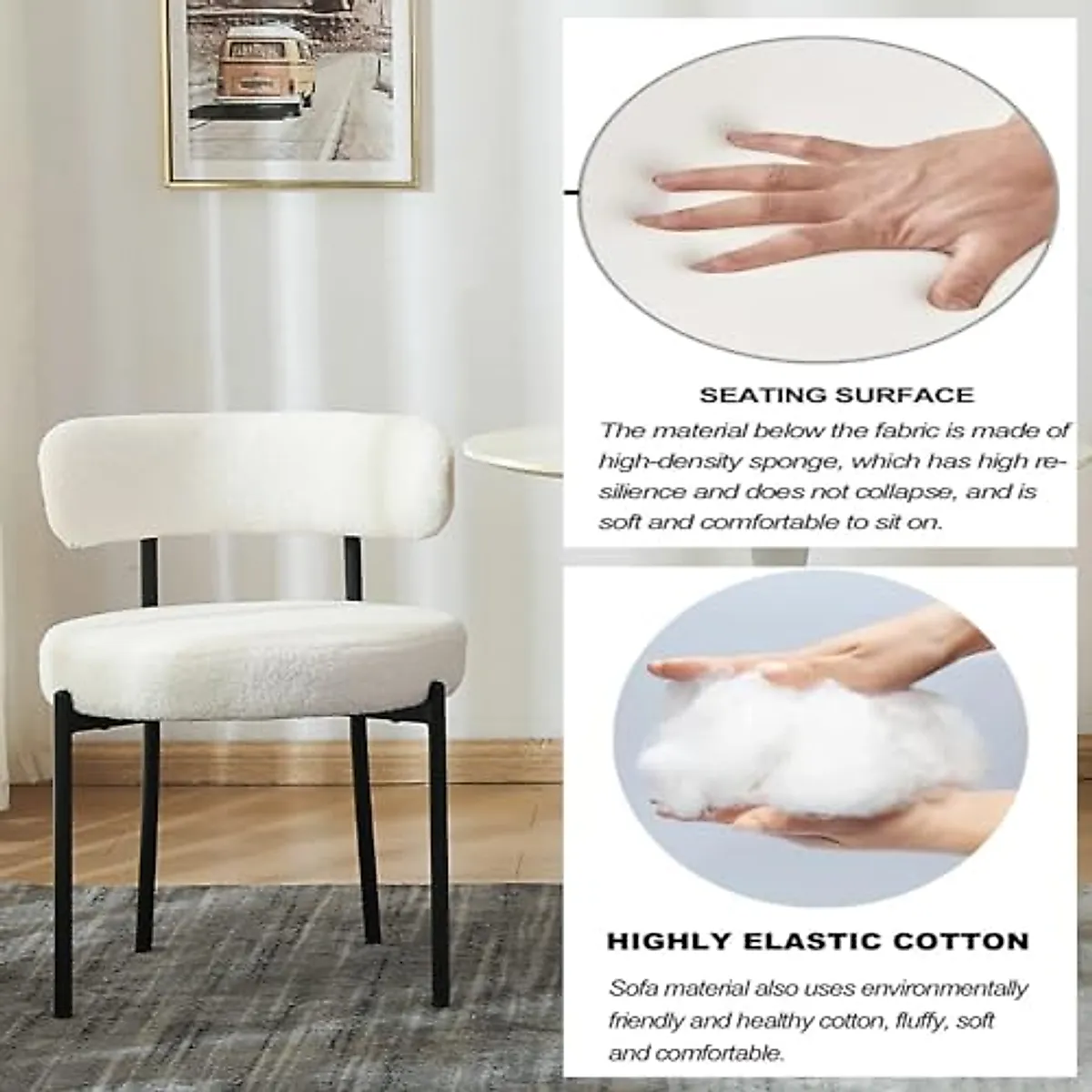 RIGHTPARTS Boucle Dining Chairs Set of 2, Modern Upholstered Tufted Dining Room Chairs, Mid Century Furry Round Kitchen Chairs Curved Backrest Metal Legs Easy Assemble (White, 2)