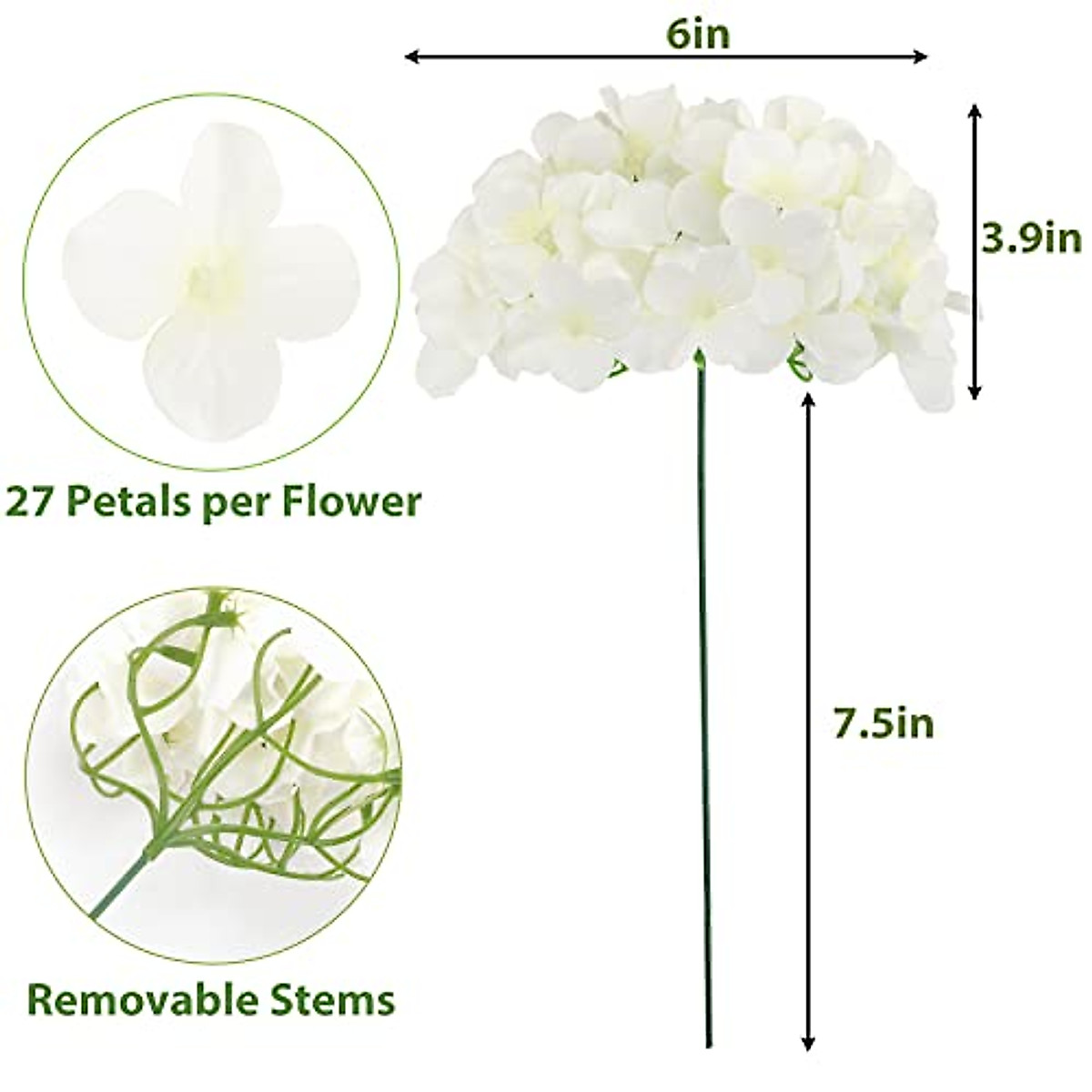 JPSOR 40pcs Artificial Hydrangea Silk Flower Heads with Stems, Fake Flowers for Mothers Day Wedding Centerpiece Home Garden Party Decoration (White)