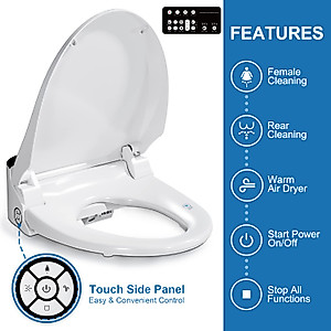 Combier CMA102S-B Electric Bidet Smart Toilet Seat,Endless Warm Water, Rear and Front Wash, LED Light, Quiet Operation, Wireless Remote, Black (Elongated)