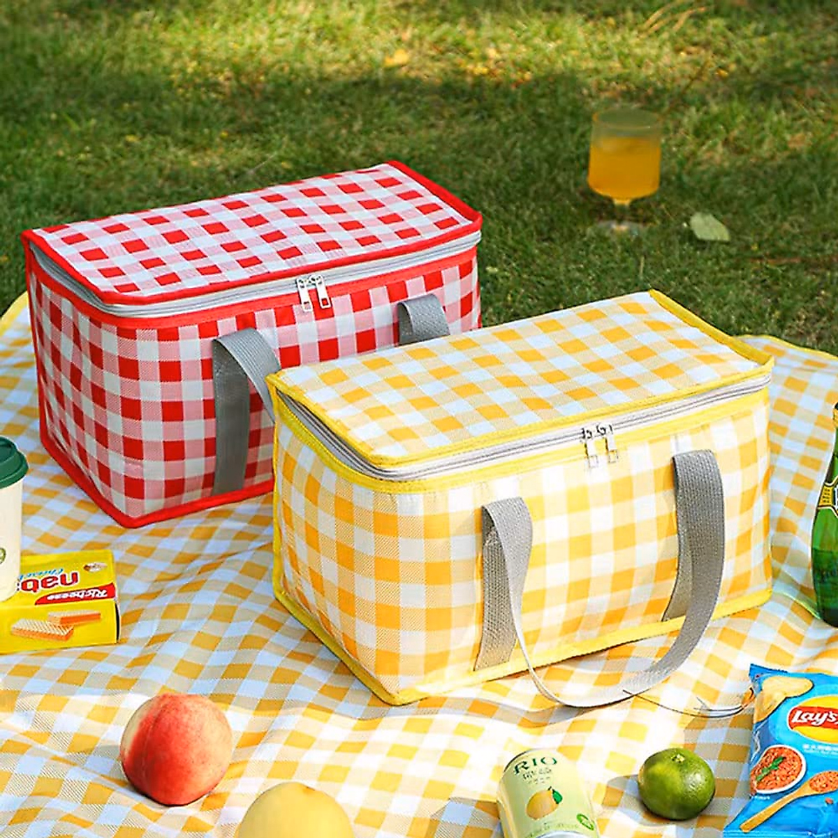 Insulated Picnic Bag Reusable,Beach Bag Cooler Bags, Cooler Bags with Zippered Top - Insulated Bag for Hot or Cold,Picnic,Beach,Food Delivery, Outdoor (13.8x7.9x7.9 in) (Red)