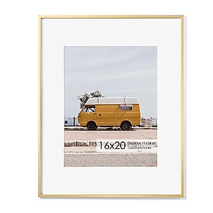 16x20 Metal Picture Frame with 11x14 Mat, Brushed Aluminum Finish, Tempered Glass Front, and Attached Hanging Hardware(Gold, Pack of 1)