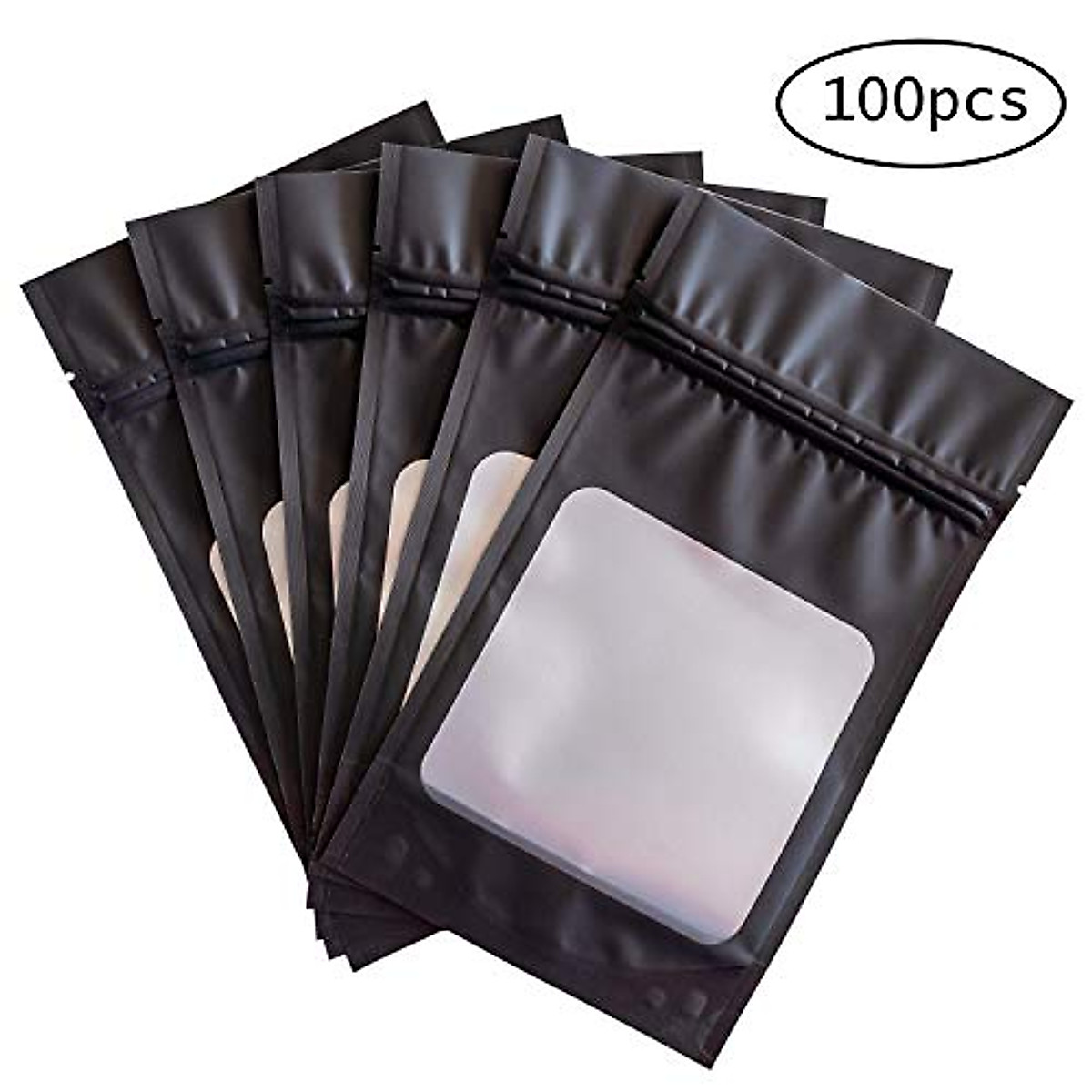 HANSER | Smell Proof Odorless Mylar Resealable Foil Pouch Bags with clear Window | Stand up bottom | Airtight | matte black | 100 Pieces | 4.8x8.2 Inches
