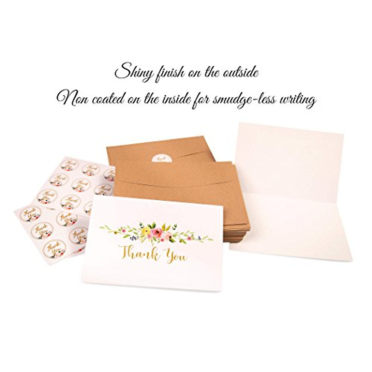 40 Floral & Gold Thank You Cards | Thank You Notes Bulk Box Set with Kraft Envelopes & Stickers | Large 4 x 6" White Greeting Cards Blank Inside | For Wedding, Graduation, Men & Women Sympathy