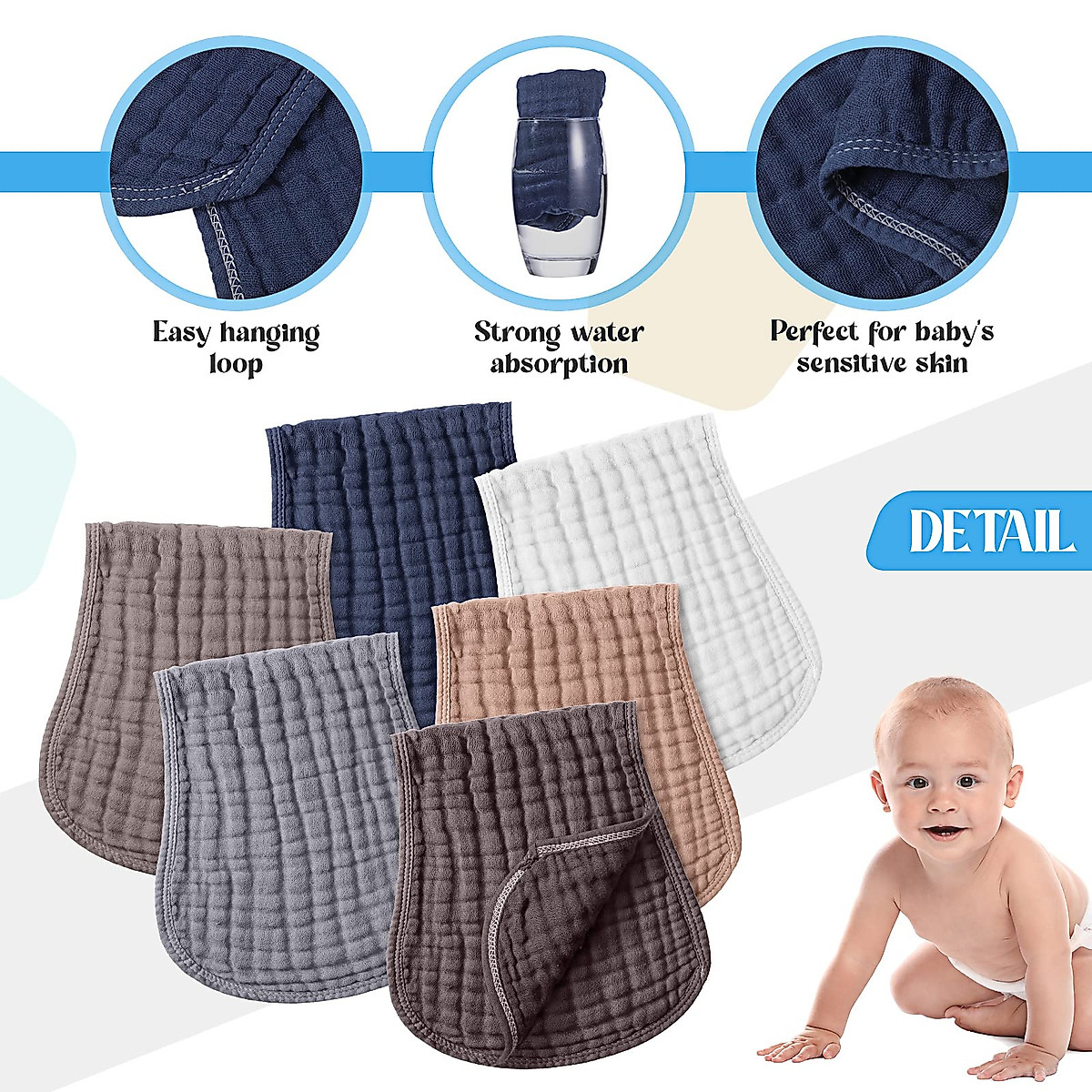 Frienda Muslin Burp Cloths 6 Pack Cotton Large 20''x 9'' Extra Absorbent and Soft Baby Burping Cloth for Baby Boy Girl Unisex(Dark Colors)