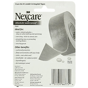 Nexcare Absolute Waterproof First Aid Tape, from The #1 Leader in U.S. Hospital Tapes, Stays on During Sports, Seals Out Water, Dirt and Germs, 1-Inch x 5-Yard Roll