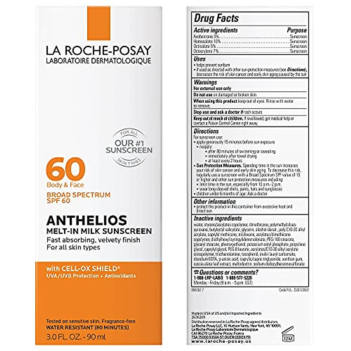 La Roche-Posay Anthelios Melt-In Milk Body & Face Sunscreen SPF 60, Oil Free Sunscreen for Sensitive Skin, Sport Sunscreen Lotion, Sun Protection and Sun Skin Care, Oxybenzone Free