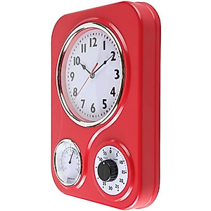 Lily's Home Retro Kitchen Clock with Temperature and Timer (Red)