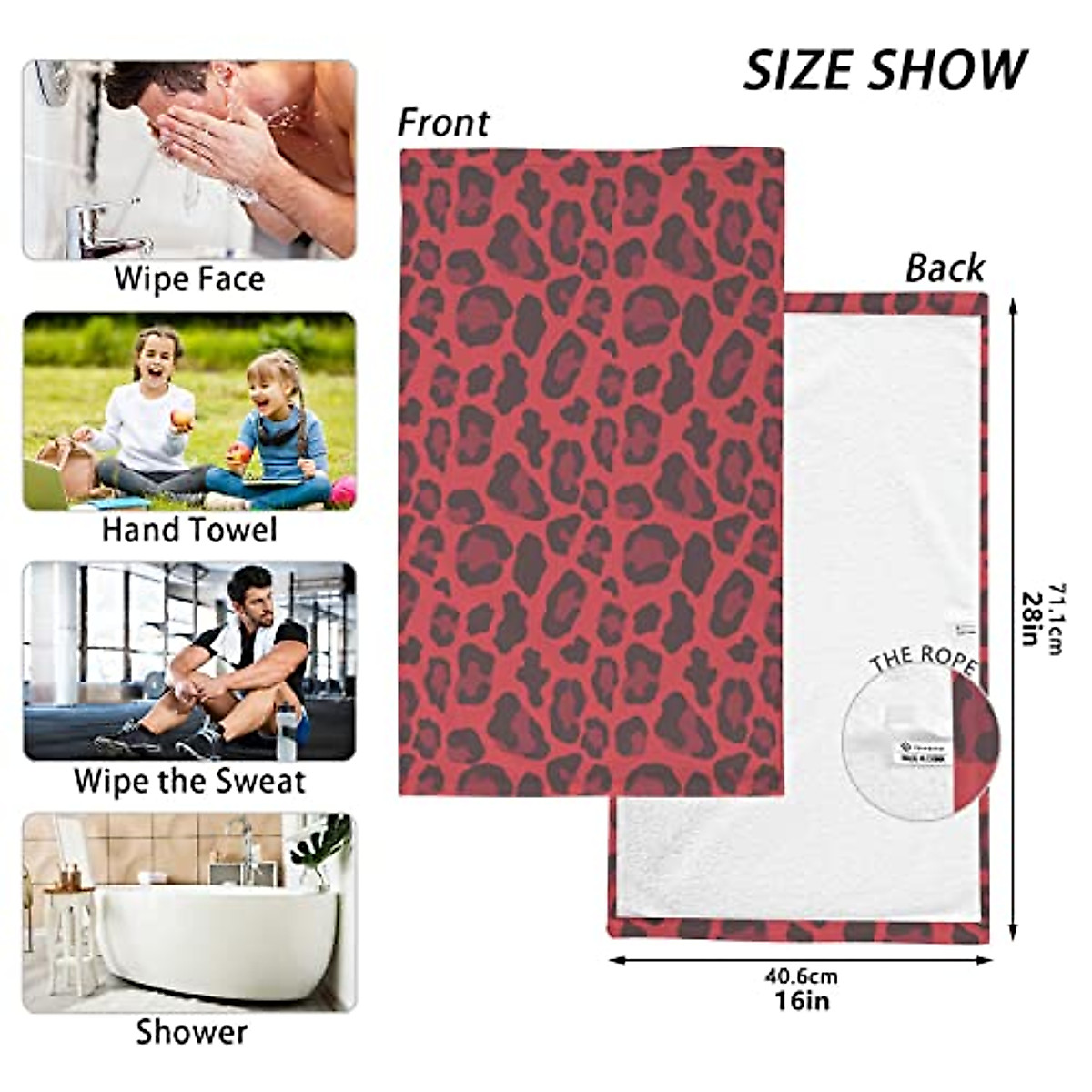 Jucciaco Red Leopard Pattern Cotton Towels for Bathroom, Soft Absorbent Hand Towel Set of 2 for Kitchen Yoga Gym Decorative, 16x28 inch