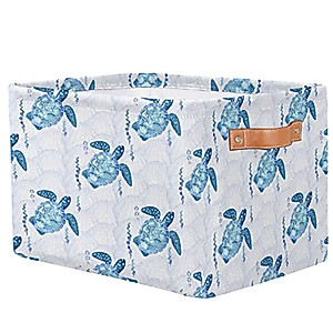 Ocean Sea Turtle Storage Basket Cube Turtoise Mermaid Sclae Large Toys Storage Box Bin with Handle Collapsible Closet Shelf Cloth Organizer for Nursery Bedroom,15x11x9.5 in,1 Pack