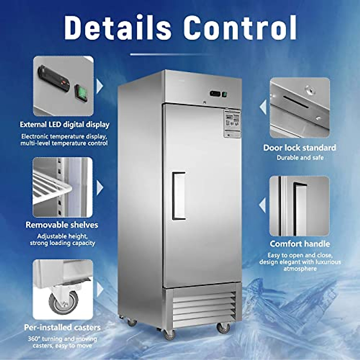 JINSONG 27" Commercial Refrigerator with Single Solid Door, 23 cu.ft Stainless Steel Reach-in Refrigerator for Restaurant, Bar, Shop, Residential