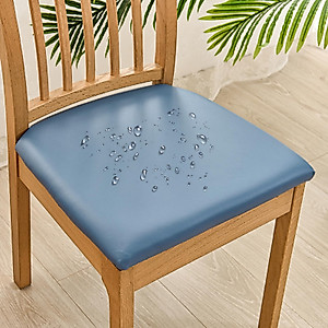 SearchI Waterproof PU Leather Seat Covers for Dining Chairs, 4 Pack Stretch Dining Room Chair Seat Covers, Kitchen Chair Seat Covers Protectors (Blue)