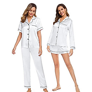SWOMOG Silk Satin Pj Sets for Women 4 Pieces Button Down Pajama Soft Sleepwear White