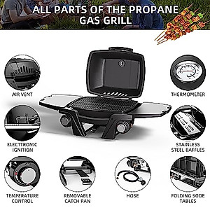 Portable Gas Grill, Portable Propane Grill, Propane Gas Grill, 24,000 BTU Outdoor Tabletop Small BBQ Grill with Two Burners, Removable Side Tables, Gas Hose and Regulator, Built in Thermometer, Black
