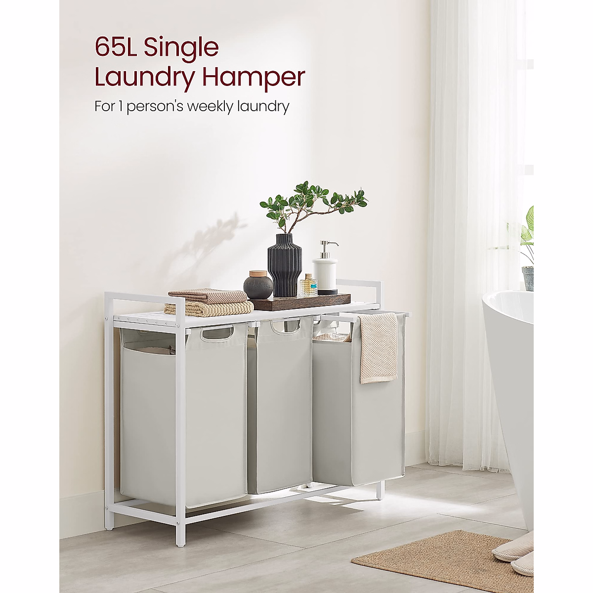 VASAGLE Laundry Hamper, Laundry Basket, Laundry Sorter with 3 Pull-Out and Removable Bags, Shelf, Metal Frame, 3 x 10 Gallons (38L), 36.4 x 13 x 28.4 Inches, White UBLH301W01