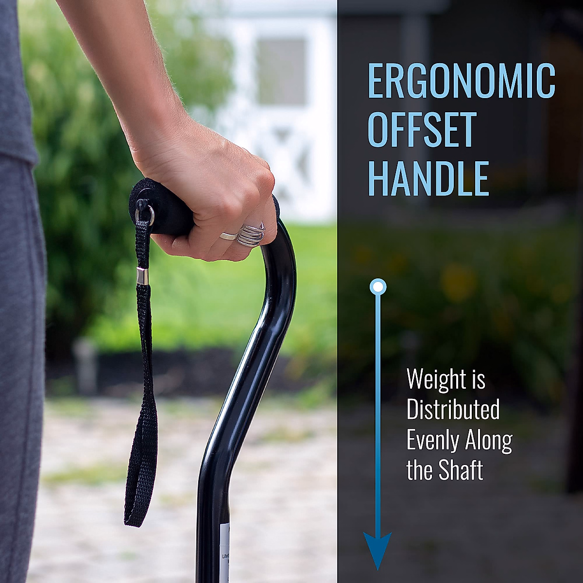 DMI Walking Cane and Walking Stick for Adult Men and Women, FSA Eligible, Lightweight and Adjustable from 30-39 Inches, Supports up to 250 Pounds with Ergonomic Hand Grip and Wrist Strap, Black