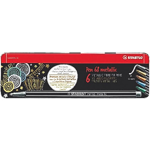 STABILO Metallic Premium Felt Tip Pen Pen 68 Metallic - Tin of 6 - Assorted Colours