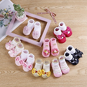 BOMAIS 20 Packs Newborn Baby Girls Socks, 0-24 Months Bow Pattern, (12-24 Months, SET1)