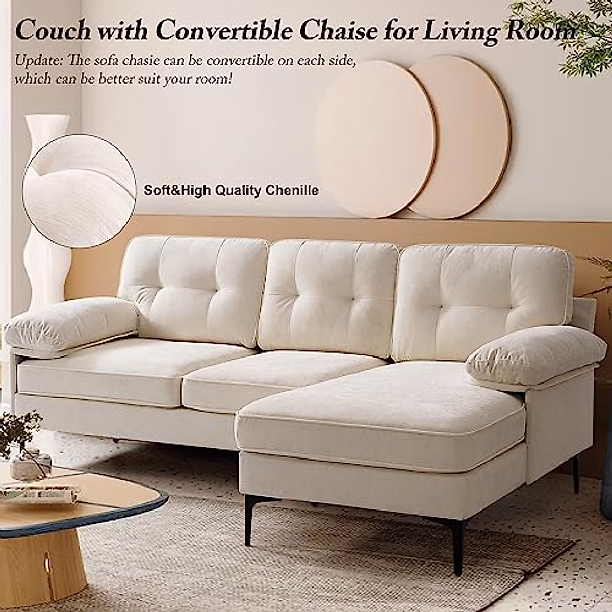 ABAKAN 79” Modern Sectional Sofas Couches for Living Room, Chenille L Shaped Couches with Chaise for Small Spaces, Sofa with Solid Wood Frame, Attached Armrest, Easy to Install(Beige)