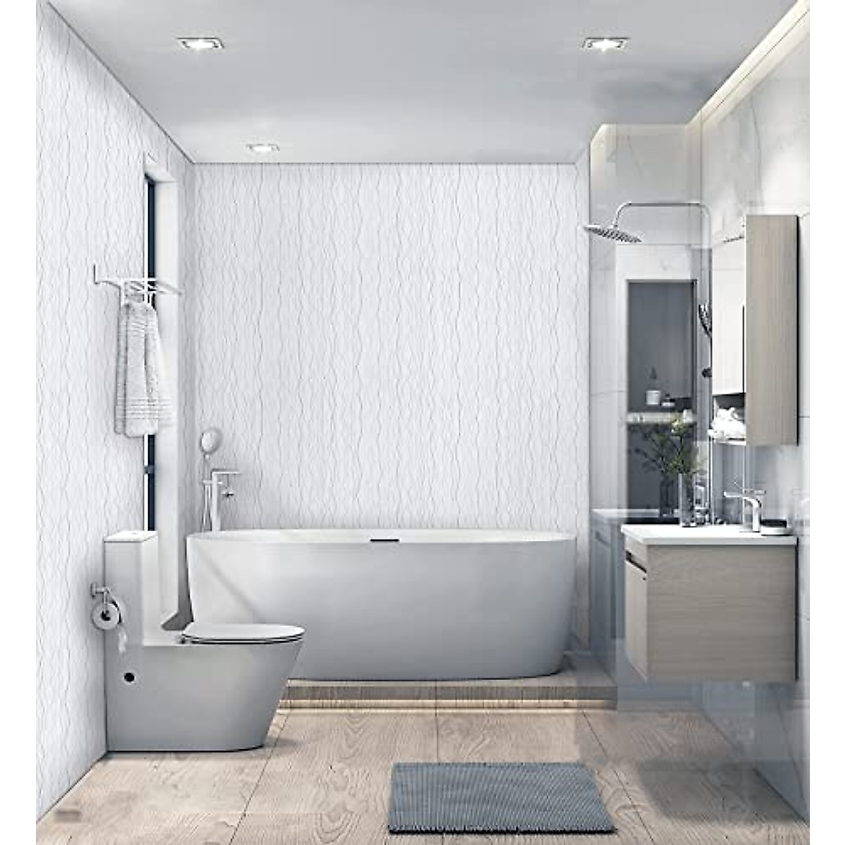 Dimoon 197’’x17.7’’Wallpaper White Peel and Stick Wallpaper Waterproof Removable White Contact Paper Self Adhesive White Wave Silver Stripe Vinyl Wall Paper Modern Shelf Drawer Liner Wall Covering