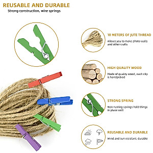 150 Pieces Mini Wall Clips Tapestry Clips for Photo Picture Hanging Craft Office Home Poster Paper Flag Hangers Strong Springs Small Clothes Pin Natural Wooden Clothespins with Line Command Clips