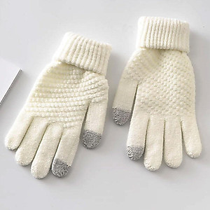 Eseres Beige Gloves for Women Warm Gloves Unisex Knitted Warm Gloves for Women Touch Screen Fleece Lined Stretchy Mittens Women - Beige