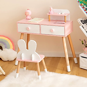 GLACER Kids Vanity Table and Chair Set, Vanity Set with Chair, Removable Mirror, 2 Large Drawers, Storage Shelf and Beech Wood Legs for Girls, Makeup Dressing Table and Chair for Toddlers, Pink