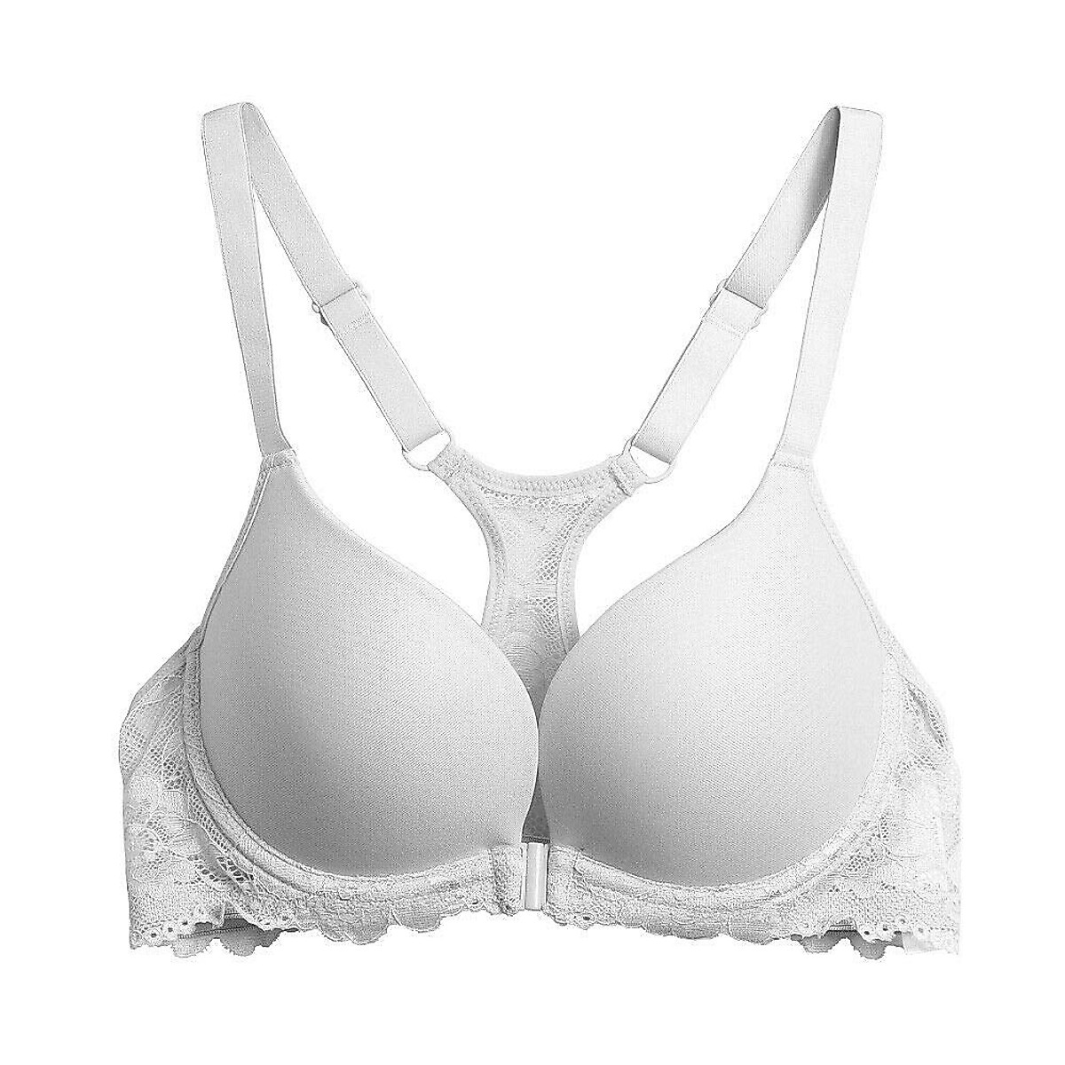 Plusexy Front Closure Push Up Racerback Underwire Support Thick Padded Plunge Bra for Women White 32B