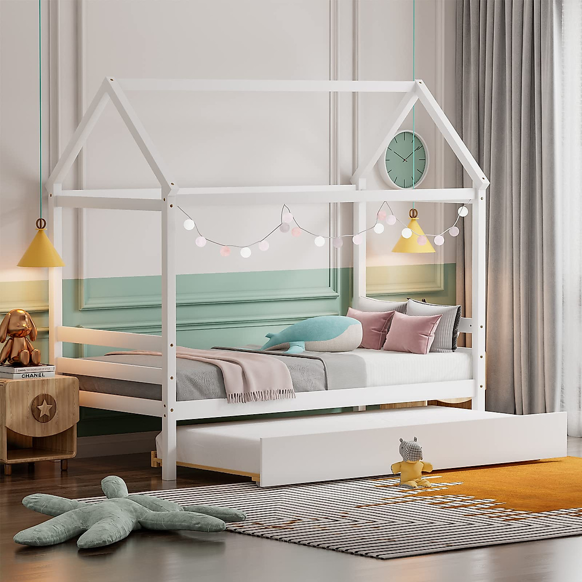 KOMFOTT Twin House Bed with Trundle, Solid Wood Playhouse Platform Bed Frame, Kids Daybed with Roof for Girls & Boys, No Box Spring Needed, Noise-Free Design, Easy Assembly, White