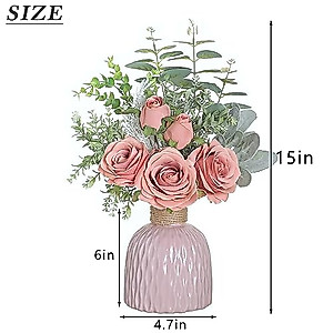 Artificial Flowers with Ceramic Vase,Faux Silk Roses and Fake Plant Eucalyptus in Vase for centerpiece table decorations, living room,dining table,fireplace,office,farmhouse,home decor(Dusty Pink)