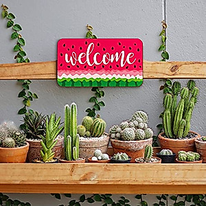 2 Pieces Watermelon Hanging Sign Watermelon Door Hanger Wood Welcome Door Sign Summer Watermelon Hanging Door Sign Plaque for Summer Front Door Wreath Home Wall Decor with Hanging Rope(Happy)