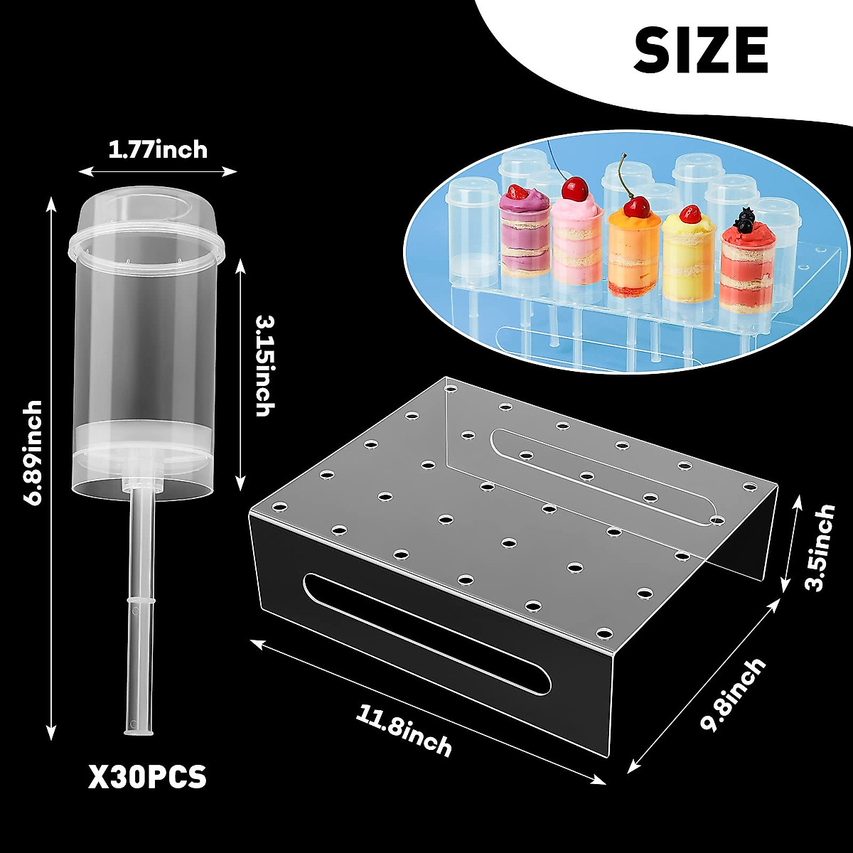 CHENGU 30 Hole Push Pop Cake Stand and 30 Clear Cake Pop Shooter Plastic Cake Containers Push up Containers Shooter Cups with Lids Cake Pop Tray Holder for Dessert (Rectangular with 1 Layer)