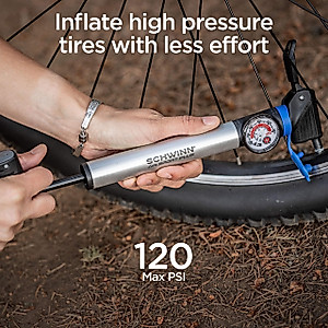 Schwinn Air Sport Plus, Bike Frame Hand Pump with Rotating Pump Head, Pressure Gauge, Pumps 120 Max PSI, Dual Head Fits Schrader and Presta Valve Types, Silver