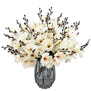 MINYULUA 6pc Artificial Magnolia Flower Silk Flowers Branches Faux Flower Bouquet for Home Wedding Decoration,Home Decor Party Garden Office (White)