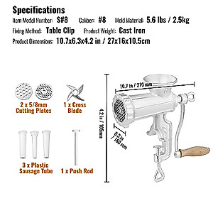 VEVOR Manual Meat Grinder, Heavy Duty Cast Iron Hand Meat Grinder with Steel Table Clamp, Meat Mincer Sausage Maker with 1 Cutting Blade, 2 Cutting Plates, 3 Sausage Tubes for Beef Pepper Mushroom