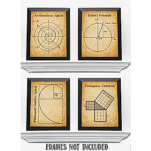 Math Art Prints-Archimedean Spiral, Euler's Formula, Fibonacci Golden Spiral, Pythagoras Theorem-Set of Four Gallery Wall 8x10 Unframed - Gift & Decor For Teachers, Classroom & Math Students Under $20