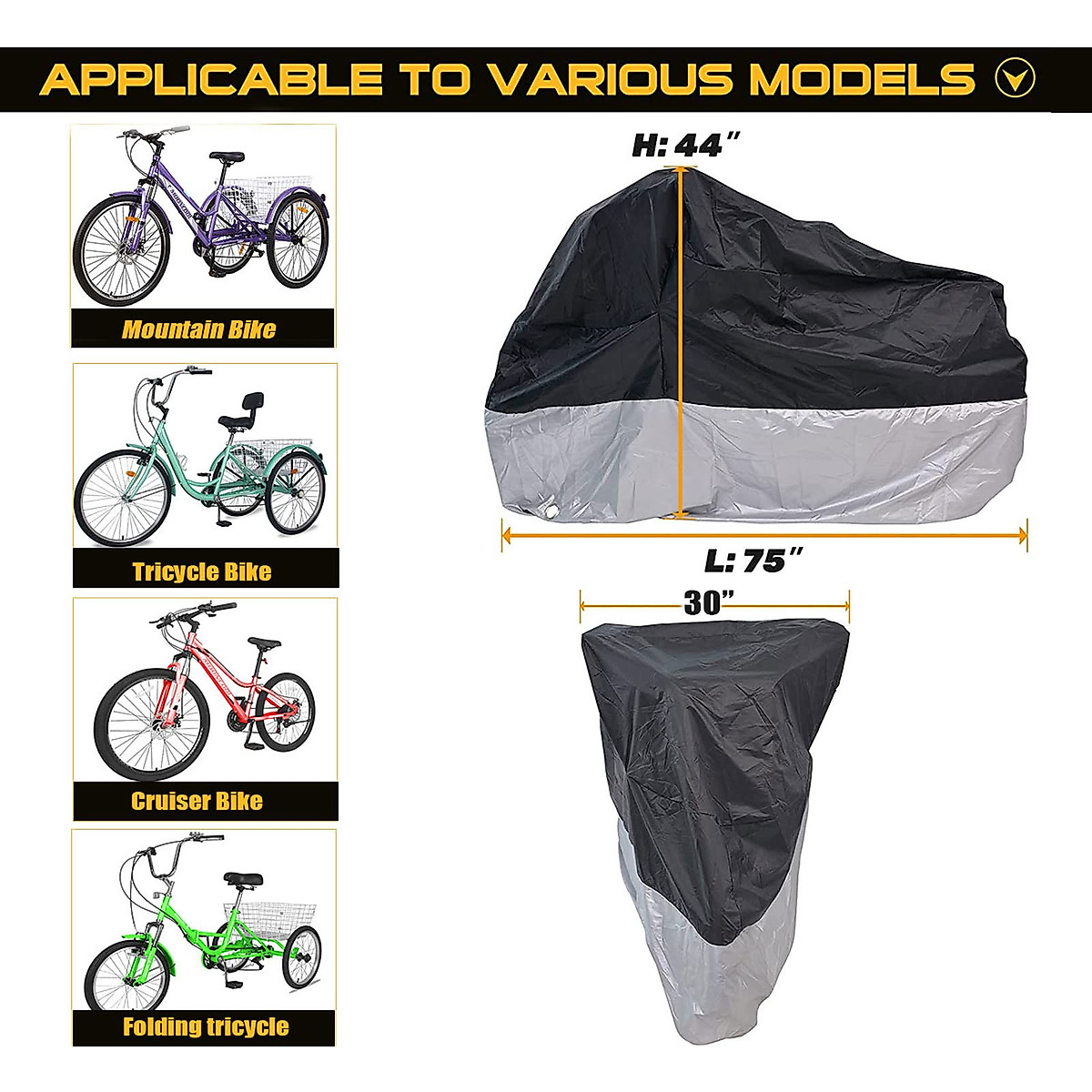 Bike Cover Adult Tricycle Cover Waterproof Bicycle/Motorcycle Storage Cover, Heavy Duty Ripstop Material & Anti-UV, Protect Your Bike from Rain, Dust, Debris Sun for Outdoors Indoors (silver-black)